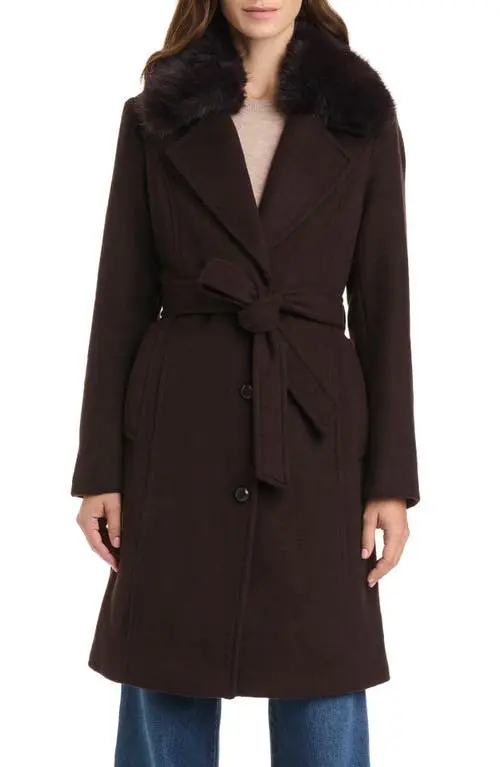 Vince Camuto Faux Fur Collar Belted Wool Blend Coat - Chocolate