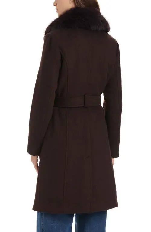 Vince Camuto Faux Fur Collar Belted Wool Blend Coat - Chocolate