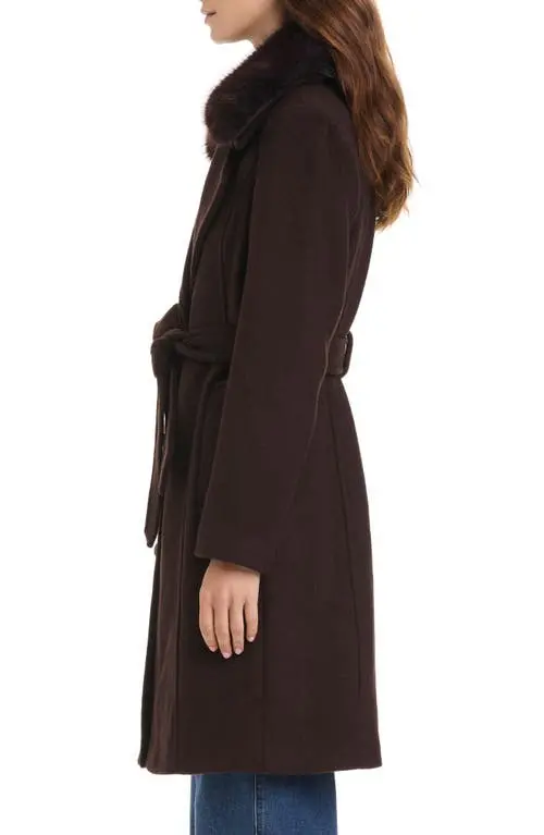 Vince Camuto Faux Fur Collar Belted Wool Blend Coat - Chocolate