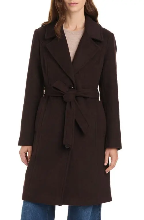 Vince Camuto Faux Fur Collar Belted Wool Blend Coat - Chocolate
