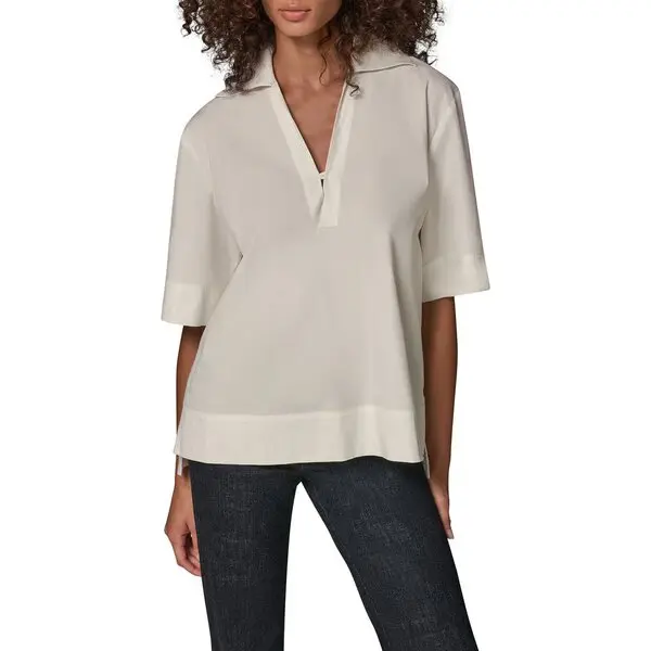 Donna Karan New York Embroidered Poplin Short Sleeve Top - Cream