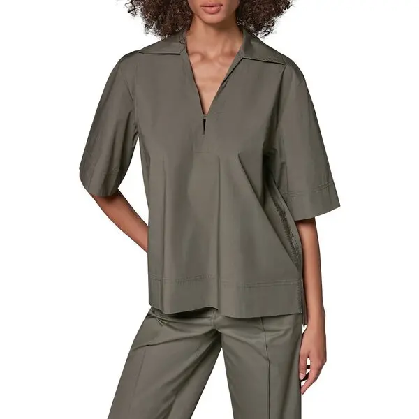 Donna Karan New York Embroidered Poplin Short Sleeve Top - Sage