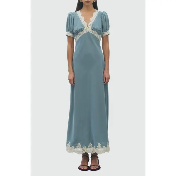 MAUDE CLUB Sabrina Lace Trim Maxi Dress - Teal