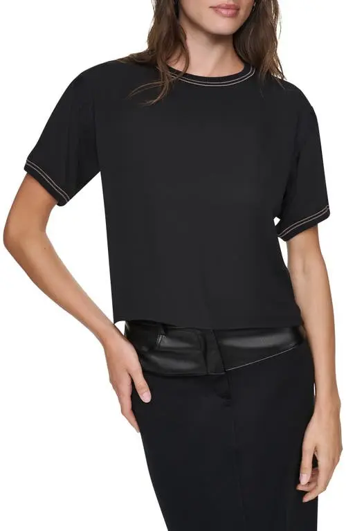 Dkny Contrast Stitch Dolman Sleeve Mixed Media Top - Black