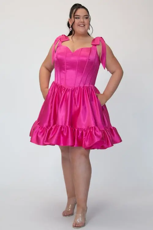 SYDNEY'S CLOSET Satin Corset Homecoming Dress With Ruffle - Lipstick