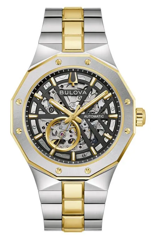 Bulova Automatic Skeleton Leather Strap Watch - Two-tone