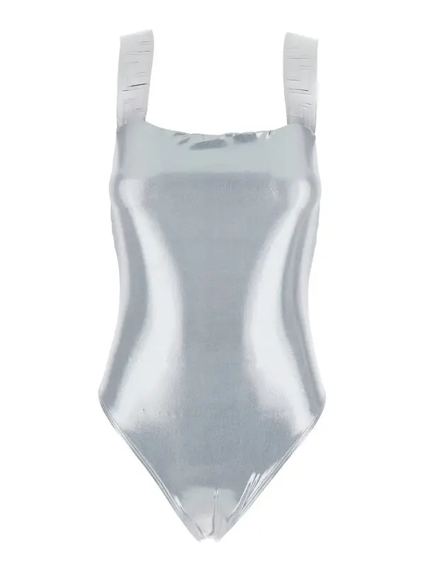 Versace One-piece Swimsuit With Greca Detail On The Straps In Stretch Tech Fabric For - Silver
