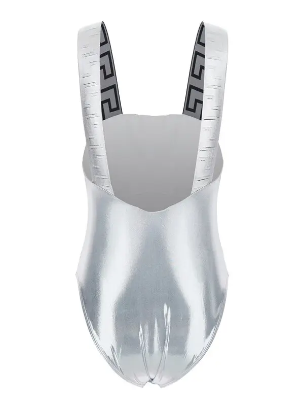 Versace One-piece Swimsuit With Greca Detail On The Straps In Stretch Tech Fabric For - Silver