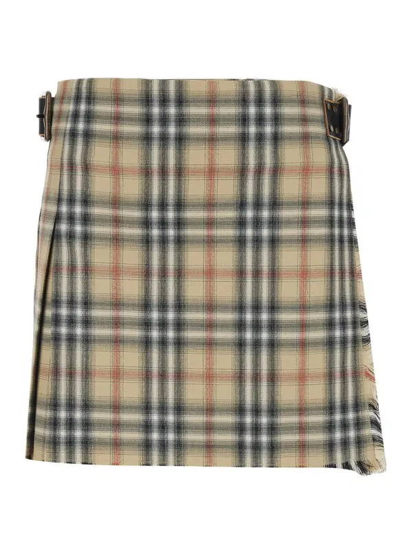 Burberry Beige Skirt With Adjustable Belt And All-over Check Motif In Wool For - Multicolor