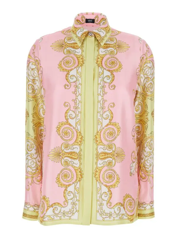 Versace Shirt With Pointed Collar And All-over Baroque Print In Silk For - Multicolor