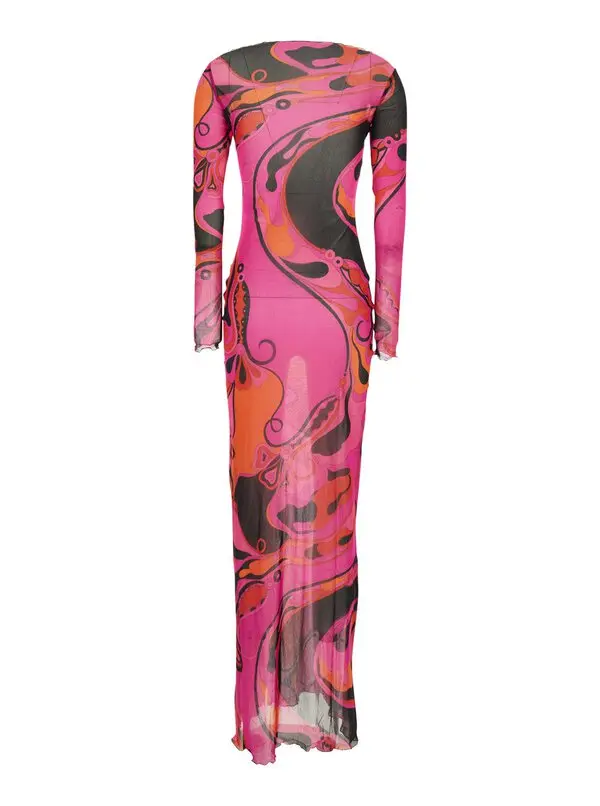 Emilio Pucci Fuchsia Long Dress With Round Neckline And All-over Orchidea Print In Tech Fabric For - Multicolor