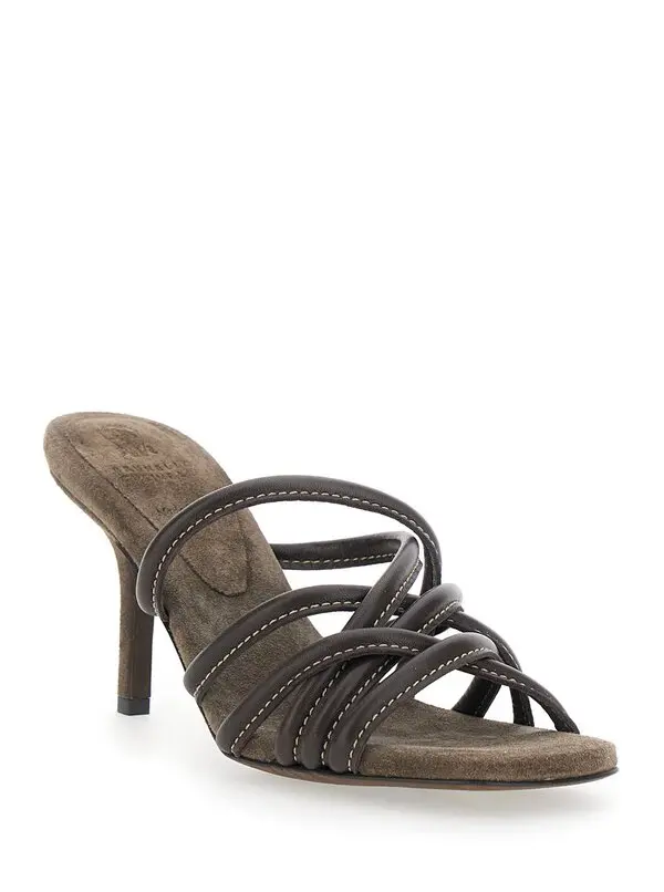 Brunello Cucinelli Brown Mules With Heel And Square Toe And Contrasting Stitching In Suede - Multicolor