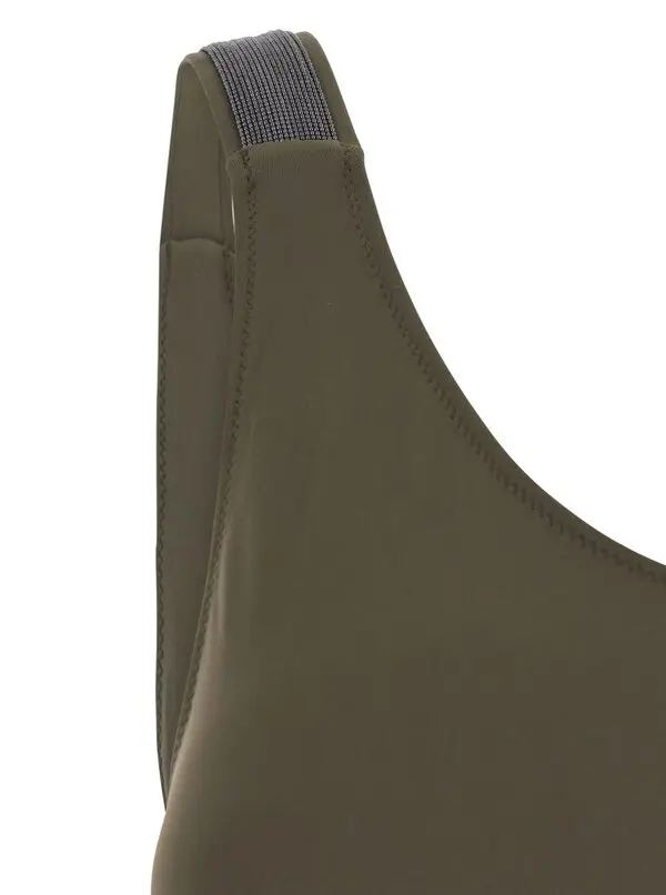 Brunello Cucinelli Green One-piece Swimsuit With Monil Decoration On The Straps In Stretch Tech Fabric For - Multicolor