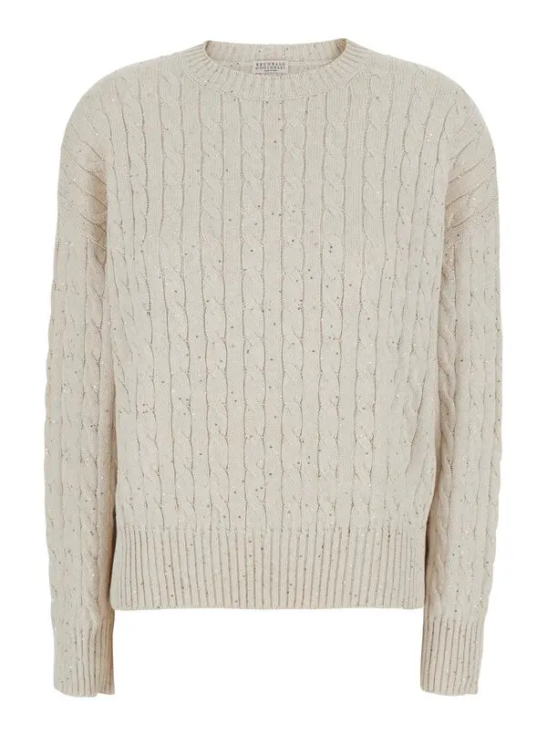 Brunello Cucinelli White Sweater With Cable Knit And Ribbed Finishes In Cotton Blend For - Multicolor