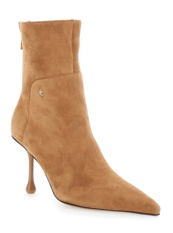 JIMMY CHOO Cycas' Beige High-heeled Ankle Boots With Metallic Logo On The Front In Suede For - Cream