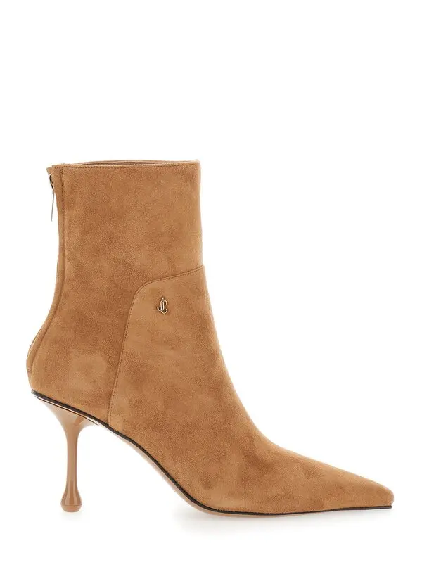 JIMMY CHOO Cycas' Beige High-heeled Ankle Boots With Metallic Logo On The Front In Suede For - Cream