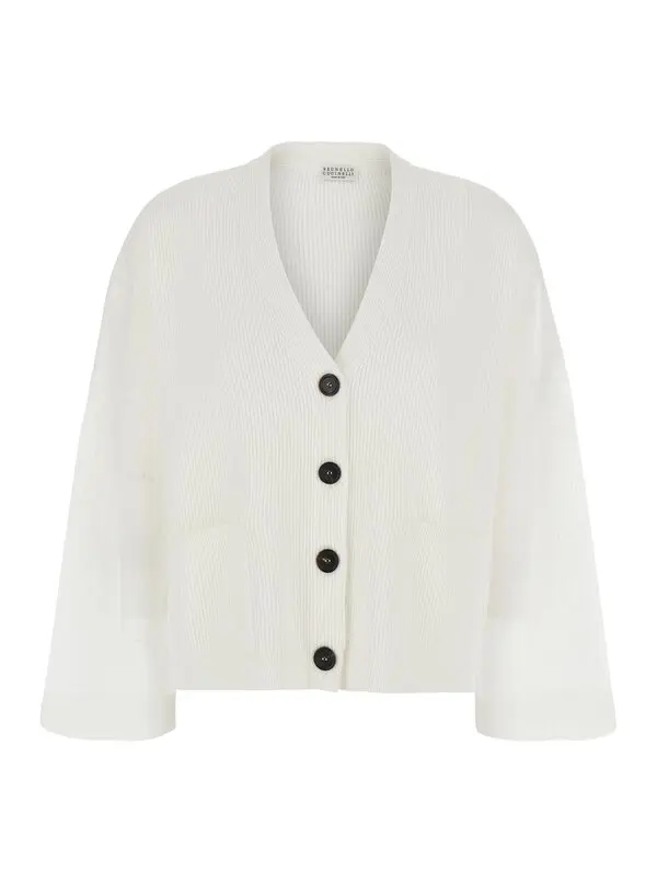 Brunello Cucinelli White Cardigan With V-neck And Ribbed Knit In Cotton For - Multicolor