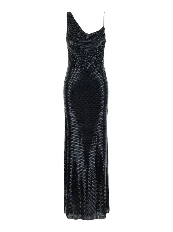 SELF-PORTRAIT Black Long Dress With Draping And Rhinestones In Tech Fabric - Multicolor