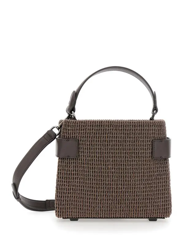 Brunello Cucinelli Essence' Brown Crossbody Bag With All-over Net Design In Leather For - Multicolor