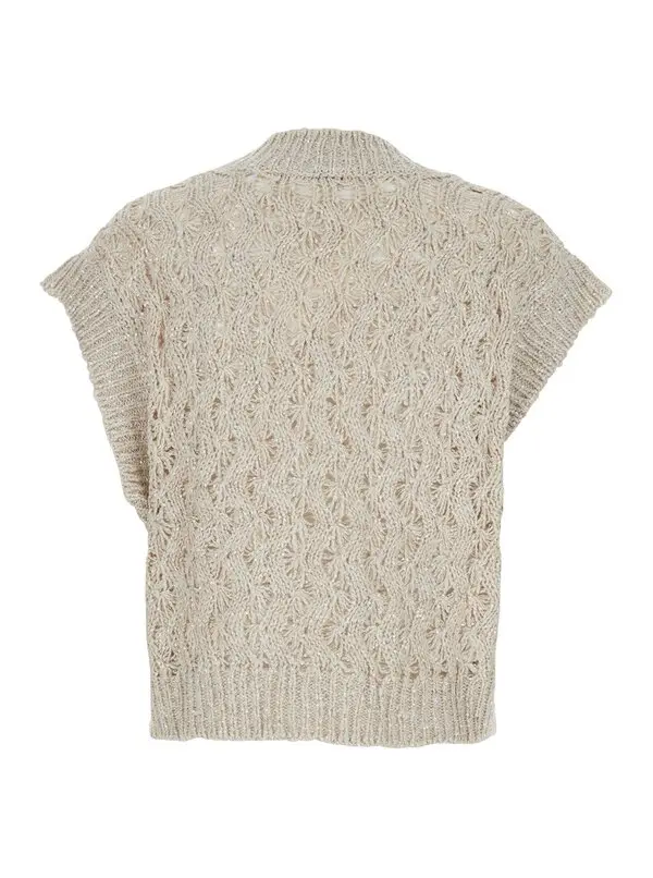 Brunello Cucinelli Beige Vest With V-neck And Sequin Detail In Silk And Linen Blend For - Multicolor