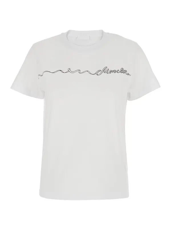 Moncler Crew Neck T-shirt With Logo Print On The Front In Cotton For - White