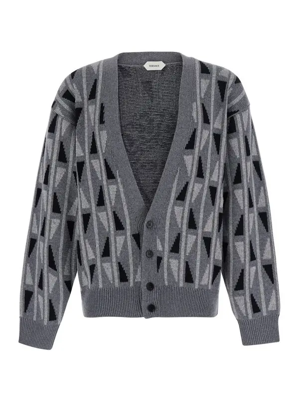 Versace Gray Sweater With Medusa Details On The Leather Front