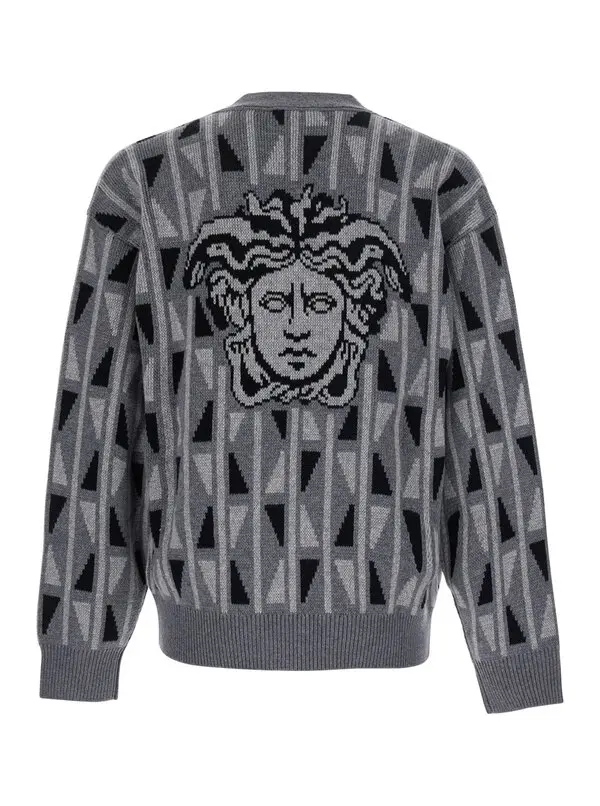 Versace Gray Sweater With Medusa Details On The Leather Front