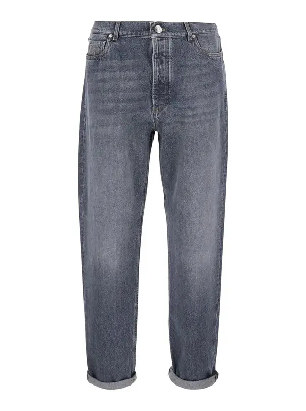 Brunello Cucinelli Grey Jeans With Cuffs And Logo Patch On The Back In Denim For - Multicolor