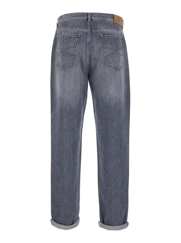 Brunello Cucinelli Grey Jeans With Cuffs And Logo Patch On The Back In Denim For - Multicolor