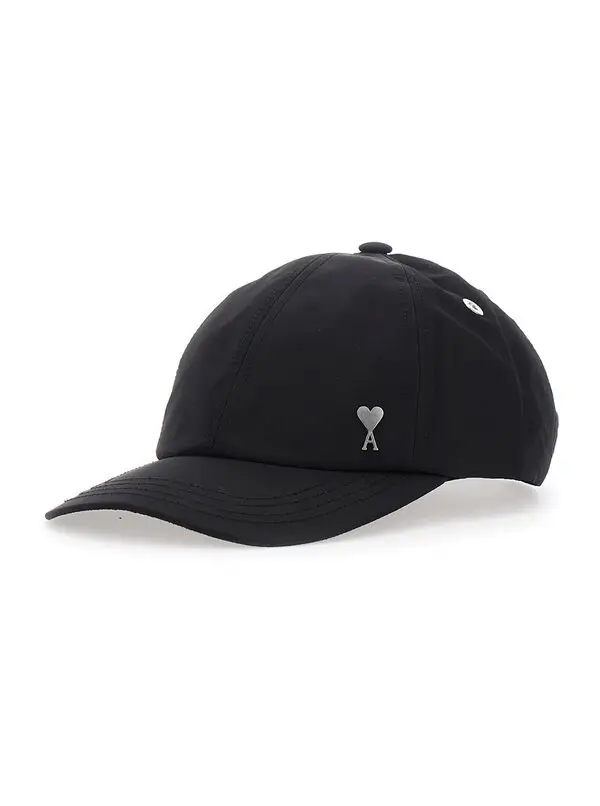 AMI Paris De Coeur Stud Hat With Patch And Logo, In Tech Fabric, Black