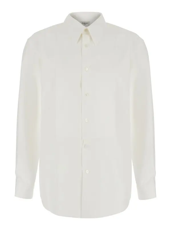 Saint Laurent White Shirt With Pointed Collar And Tone-on-tone Logo In Cotton - Multicolor