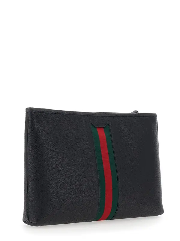 Gucci Black Pouch With Wrist Strap And Web Detail In Leather For