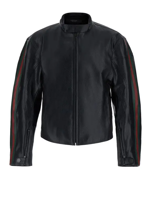 Gucci Black Jacket With High Collar And Web Stripe On The Sleeves In Leather For
