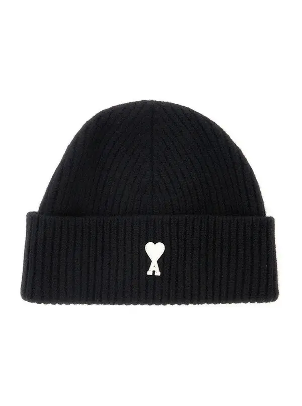 AMI Paris Black Beanie With Adc Patch On The Front In Wool For - Multicolor