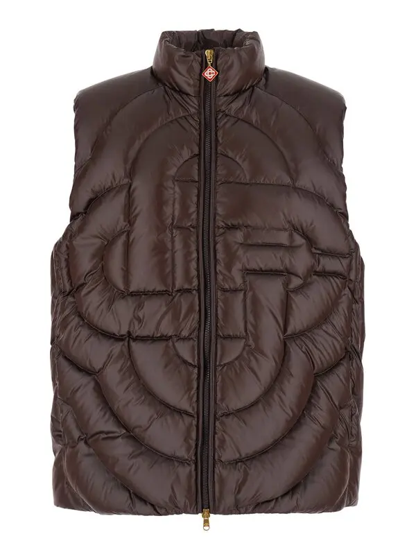 Casablanca Brown Down Jacket With High Collar And Monogram Design In Tech Fabric