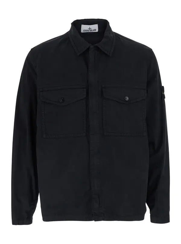 Stone Island Shirt With Classic Collar And Logo Patch On The Sleeve In Cotton For - Black