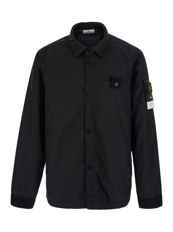 Stone Island Black Jacket With Logo Patch On The Sleeve And Crinkled Design In Tech Fabric For