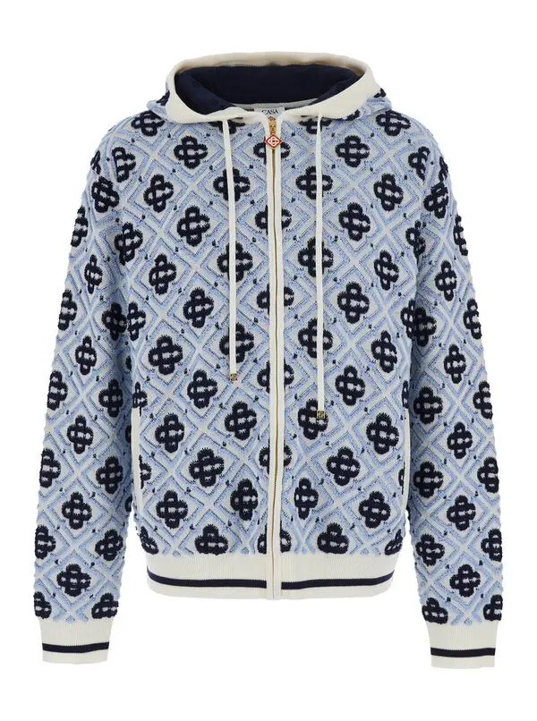 Casablanca Light Blue Hooded Sweatshirt With Drawstring And All-over Logo Motif In Wool