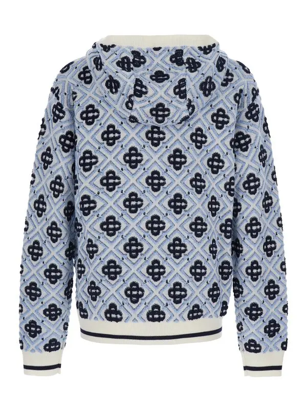 Casablanca Light Blue Hooded Sweatshirt With Drawstring And All-over Logo Motif In Wool