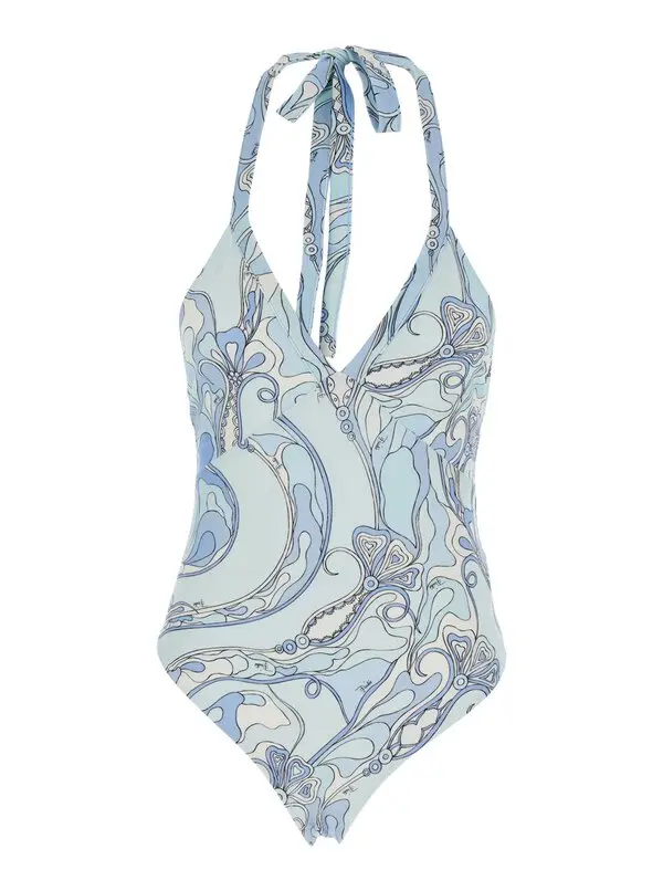 Emilio Pucci Light Blue Swimsuit With Halterneck Tie Closure And All-over Orchidea Print In Stretch Tech Fabric For - Multicolor