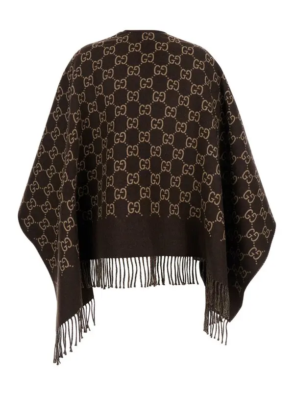 Gucci Cape With Fringes And Gg All-over Motif In Brown Wool For - Multicolor