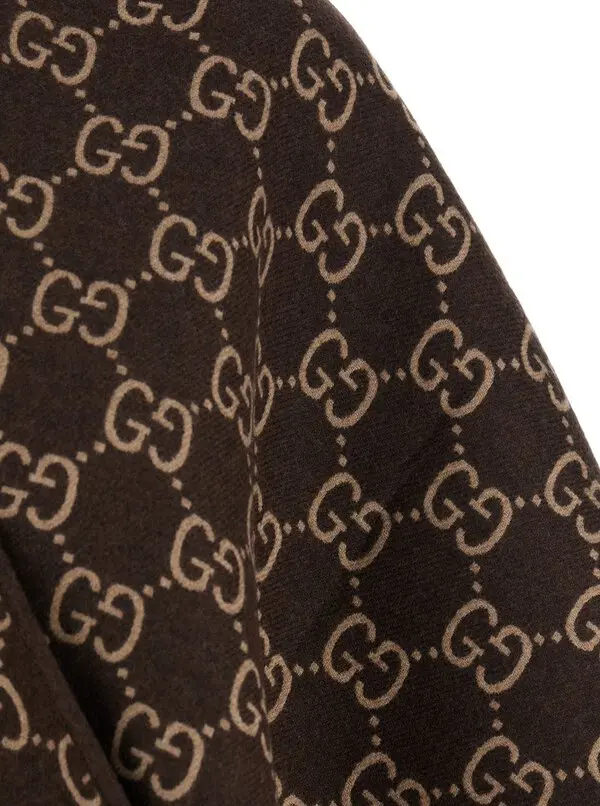 Gucci Cape With Fringes And Gg All-over Motif In Brown Wool For - Multicolor