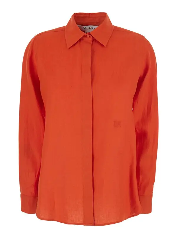 Max Mara Shirt With Classic Collar And Tone-on-tone Logo Embroidery In Linen For - Red
