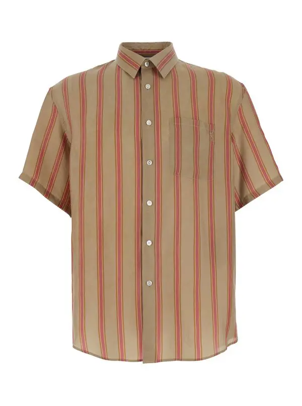 Saint Laurent Beige Shirt With Cassandre Embroidery On The Front And All-over Striped Motif In Cupro For - Multicolor