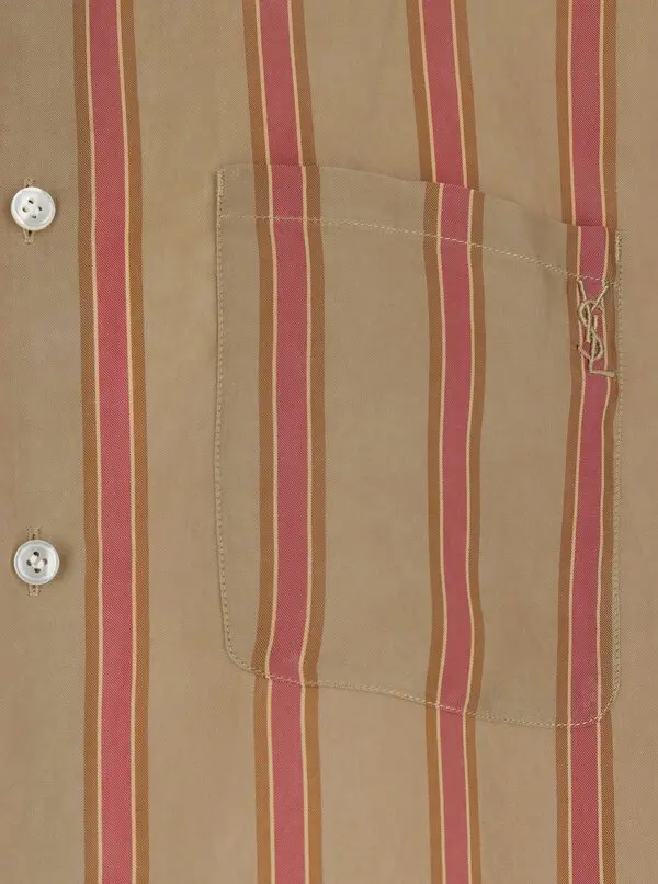 Saint Laurent Beige Shirt With Cassandre Embroidery On The Front And All-over Striped Motif In Cupro For - Multicolor