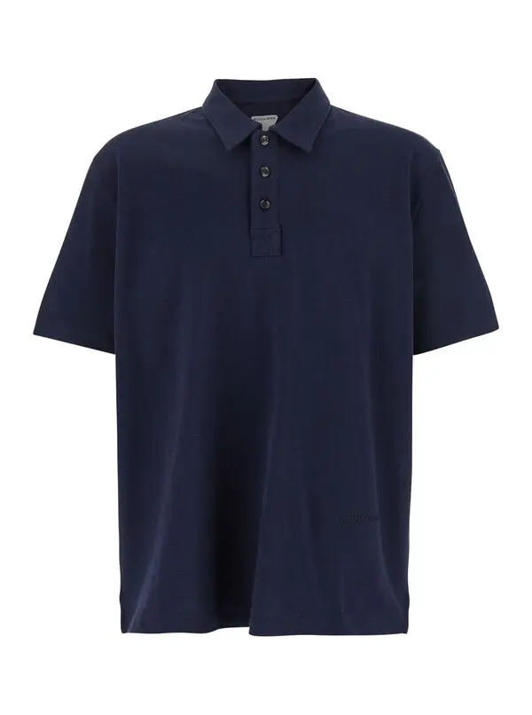 Bottega Veneta Blue Polo With Classic Collar And Embroidered Logo On The Front In Tone On Tone Cotton - Multicolor