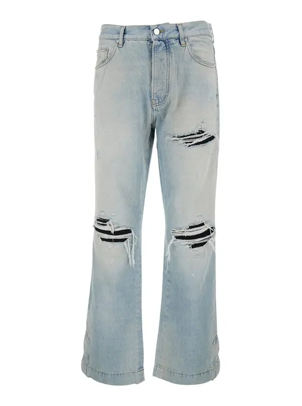 Amiri Light Blue Denim Jeans With Ripped Details And Logo Patch On The Back - Multicolor