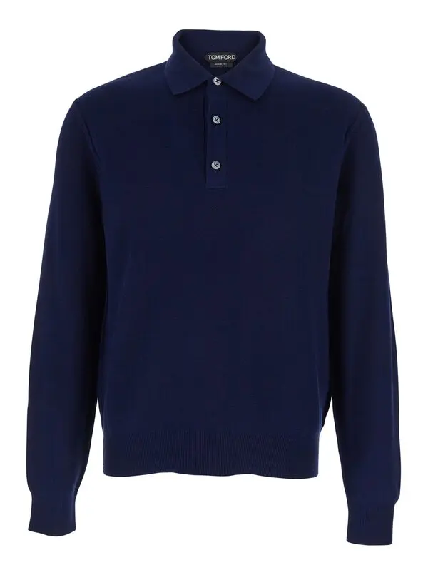 TOM FORD Blue Polo Shirt With Classic Collar And Front Button Closure In Silk And Cotton Blend For - Multicolor