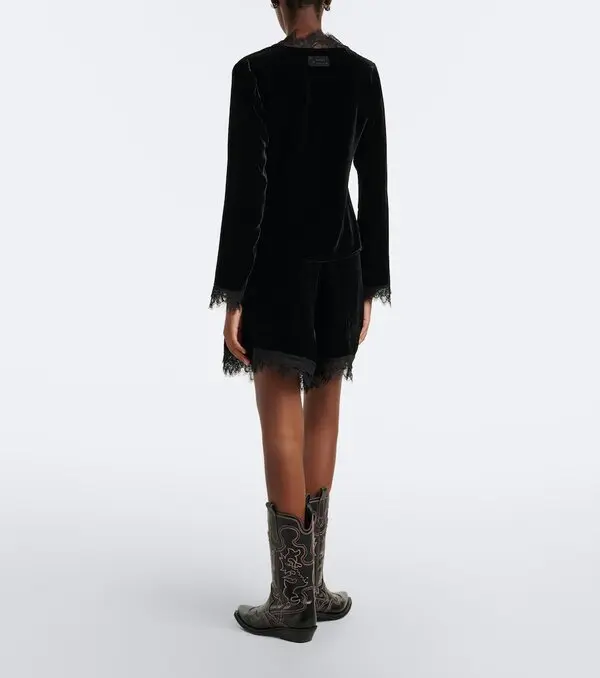 GANNI Lace-trimmed Velvet Shorts - Black