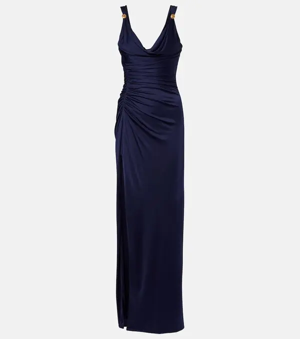 Versace Medusa Draped Ruched Jersey Gown - Blue